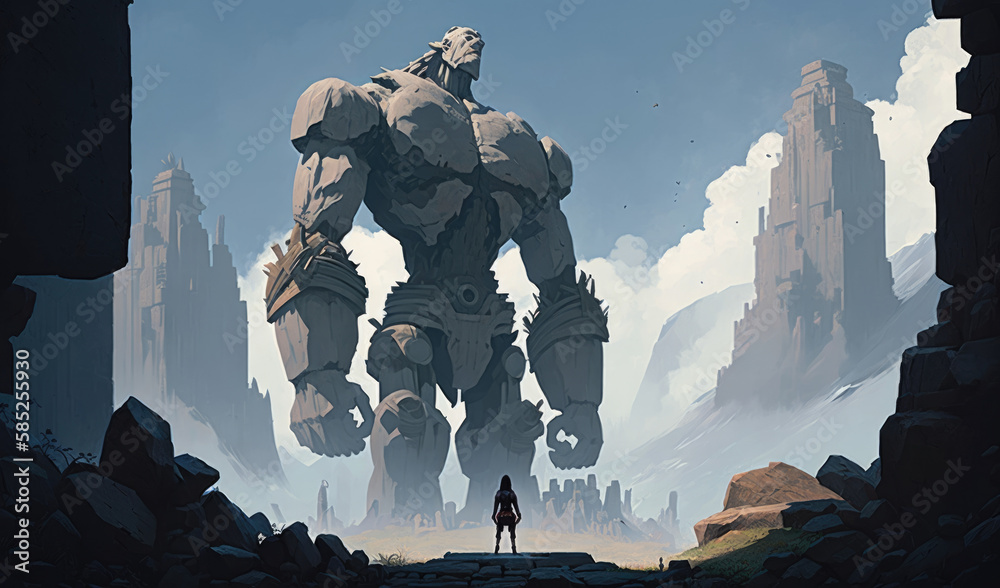 Giant stone colossus amidst ancient ruins - digital concept art ...
