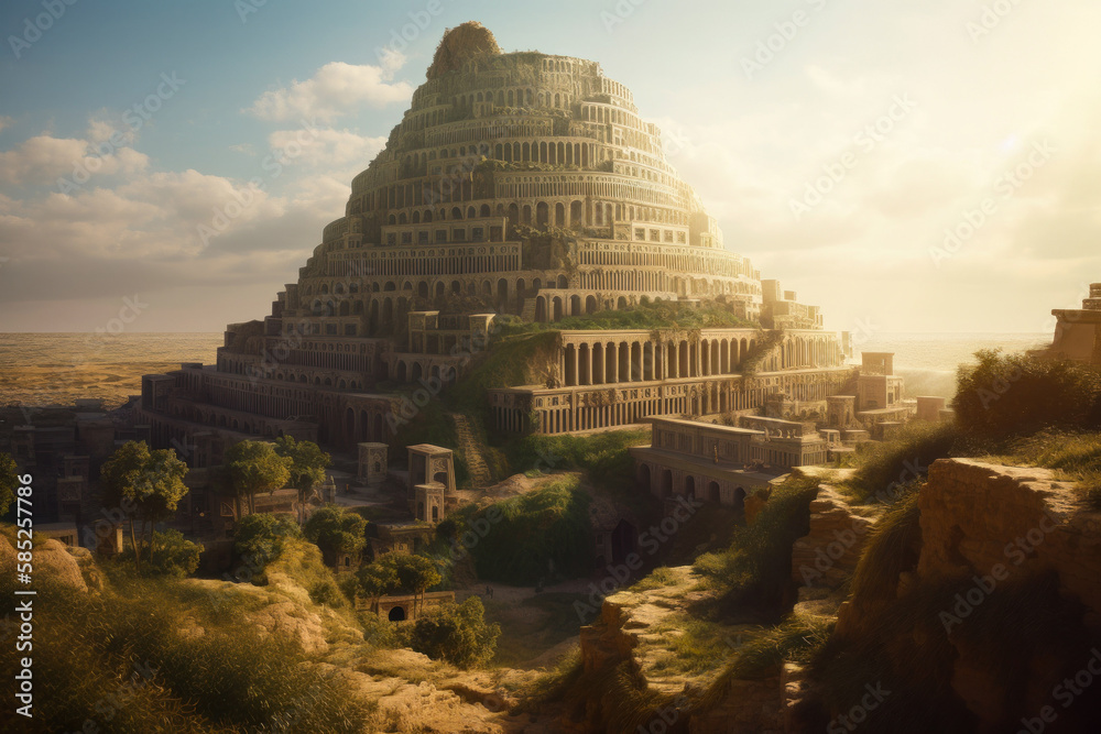 Ancient city of Babylon with the tower of Babel, bible and religion. AI ...