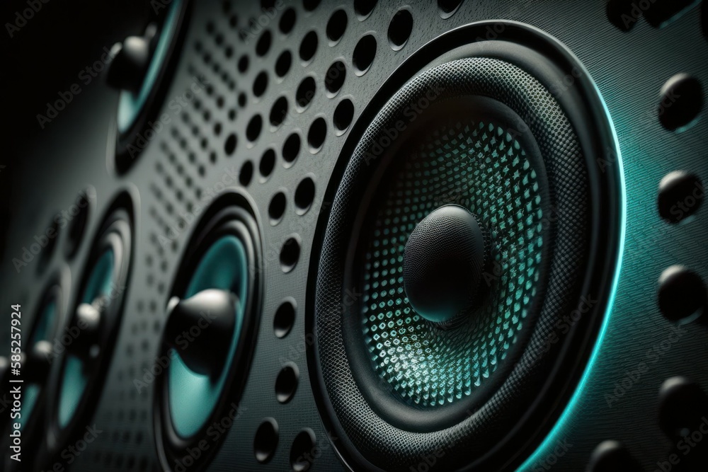 Group of sound speakers in neon light. Background with selective focus ...