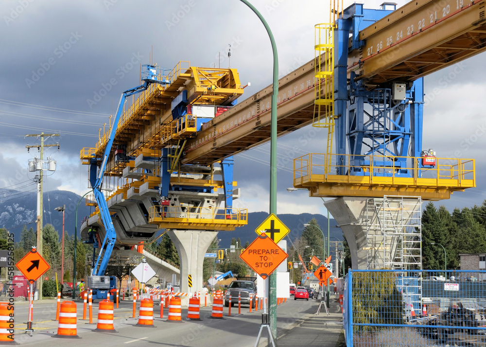 Construction of elevated guideway for the transit rail system Stock ...