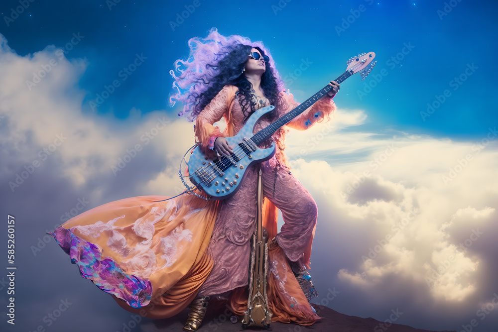 Beautiful rock star woman with electric guitar. Neural network AI ...