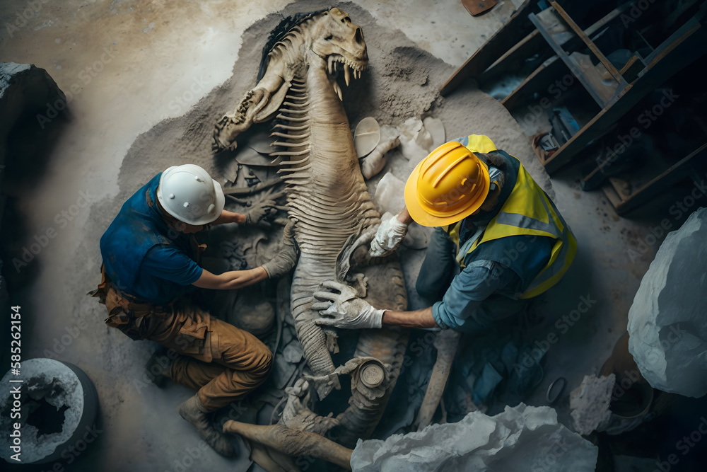 Archaeologist works on an archaeological site with dinosaur skeleton in ...