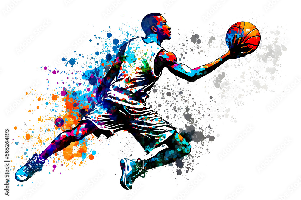 Basketball watercolor splash player in action with a ball isolated on ...
