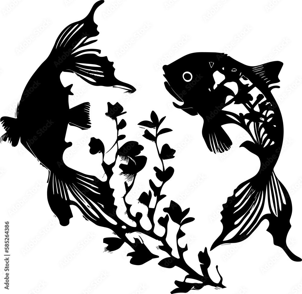 Two fish with flower black silhouette. Isolated element. Black shape on ...