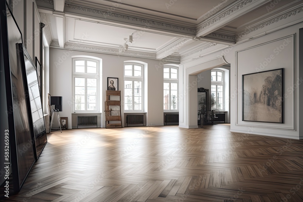 A grand, empty room with a parquet floor with stucco panels, molding ...