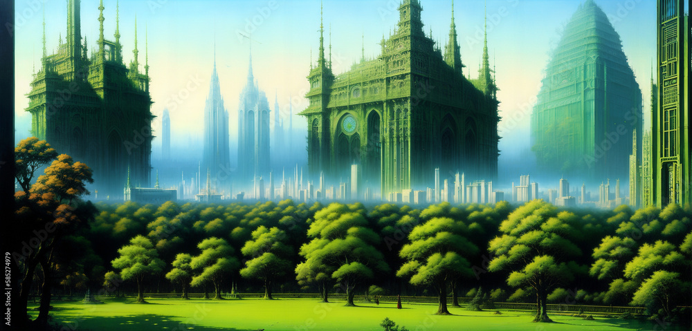 Utopian Green Future City With Lots of Trees and Warm Sunlight ...