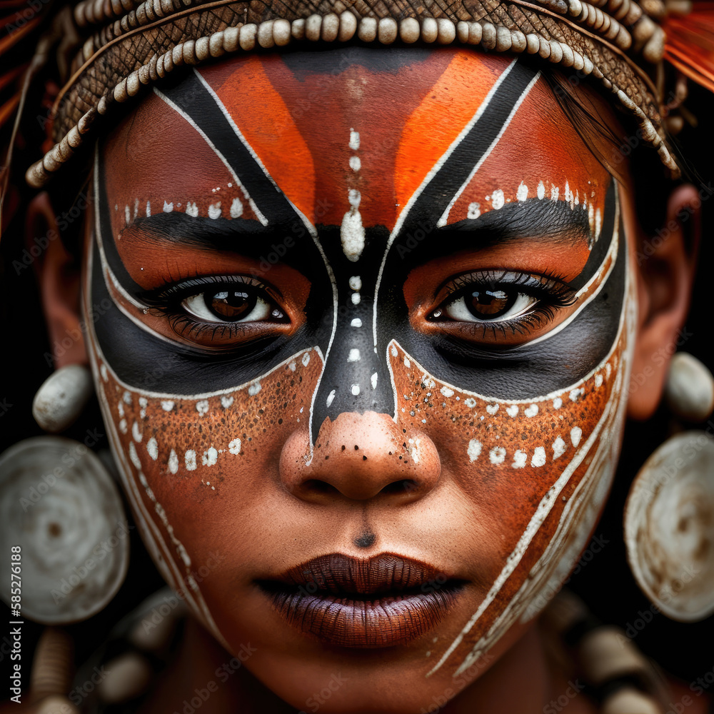 the face of amazon woman with expresive features during a tribal ...