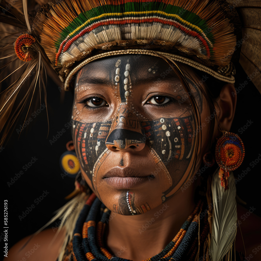 the face of amazon woman with expresive features during a tribal ...