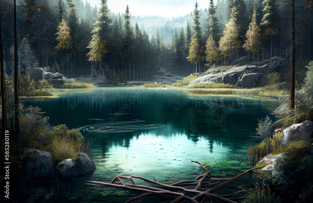 Beautiful background scene of a serene lake in the middle of the forest ...