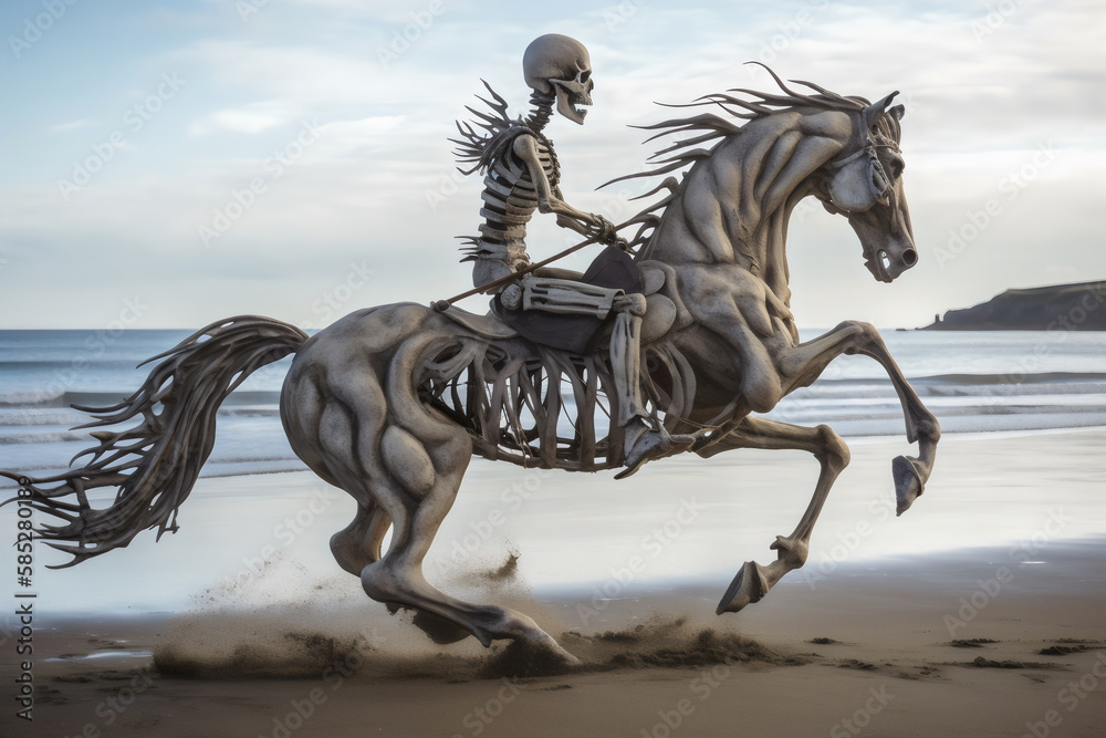 skeleton horse and rider galloping along the beach, made with ...