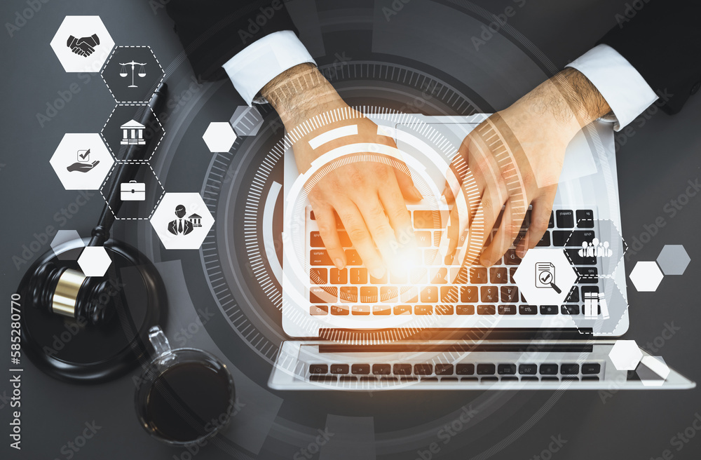 Smart law, legal advice icons and lawyer working tools in the lawyers ...