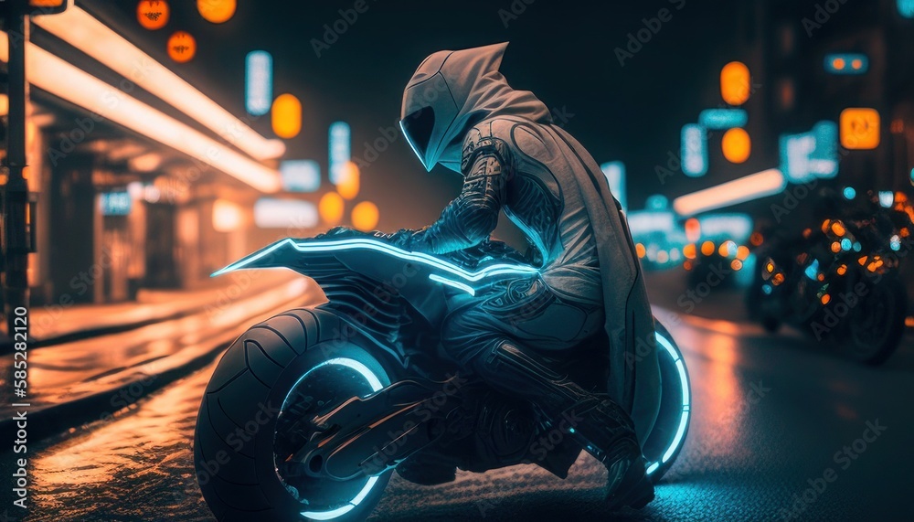 Biker in silver outfit with super bike and neon lights in city night ...