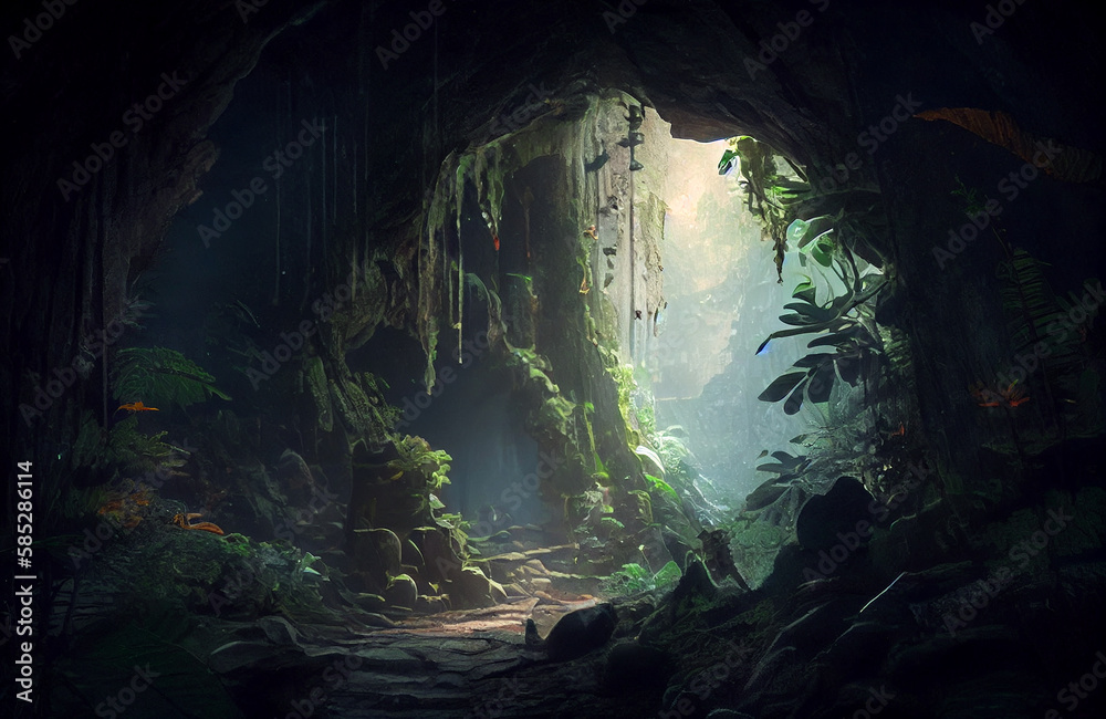 Magical cave with natural plants, ray of light in the middle of the ...