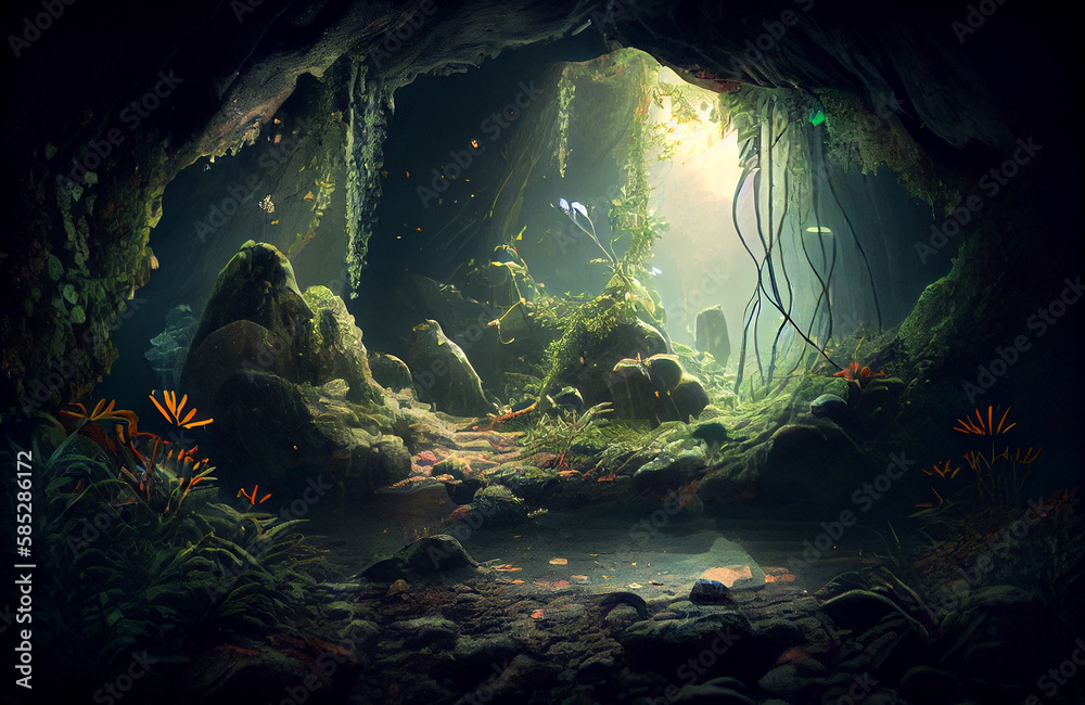 Magical cave with natural plants, ray of light in the middle of the ...