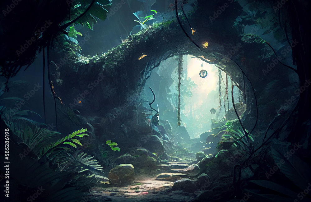 Magical cave with natural plants, ray of light in the middle of the ...