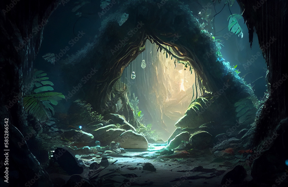 Magical cave with natural plants, ray of light in the middle of the ...