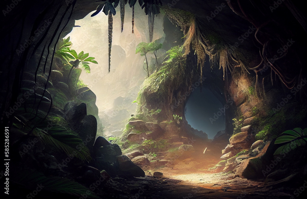 Magical cave with natural plants, ray of light in the middle of the ...
