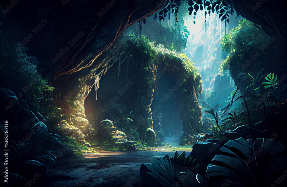 Magical cave with natural plants, ray of light in the middle of the ...
