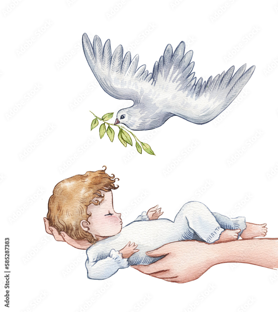 Watercolor Illustration of a Little baby Going Through a Catholic Baptism. Christening, church ...