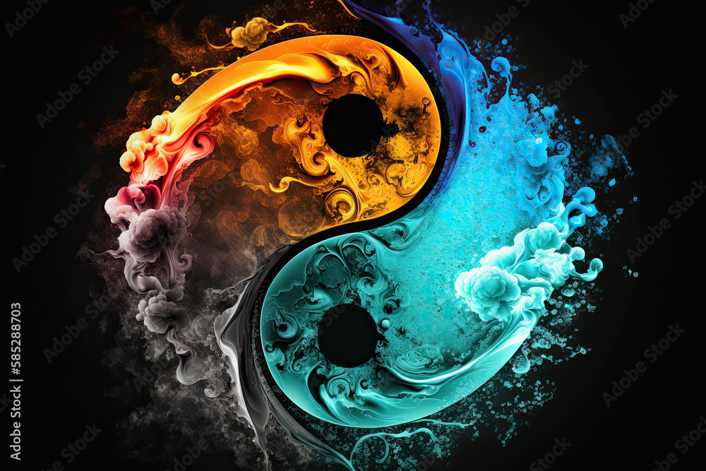 Yin yang symbol in colorful liquid paint splashed on black background ...