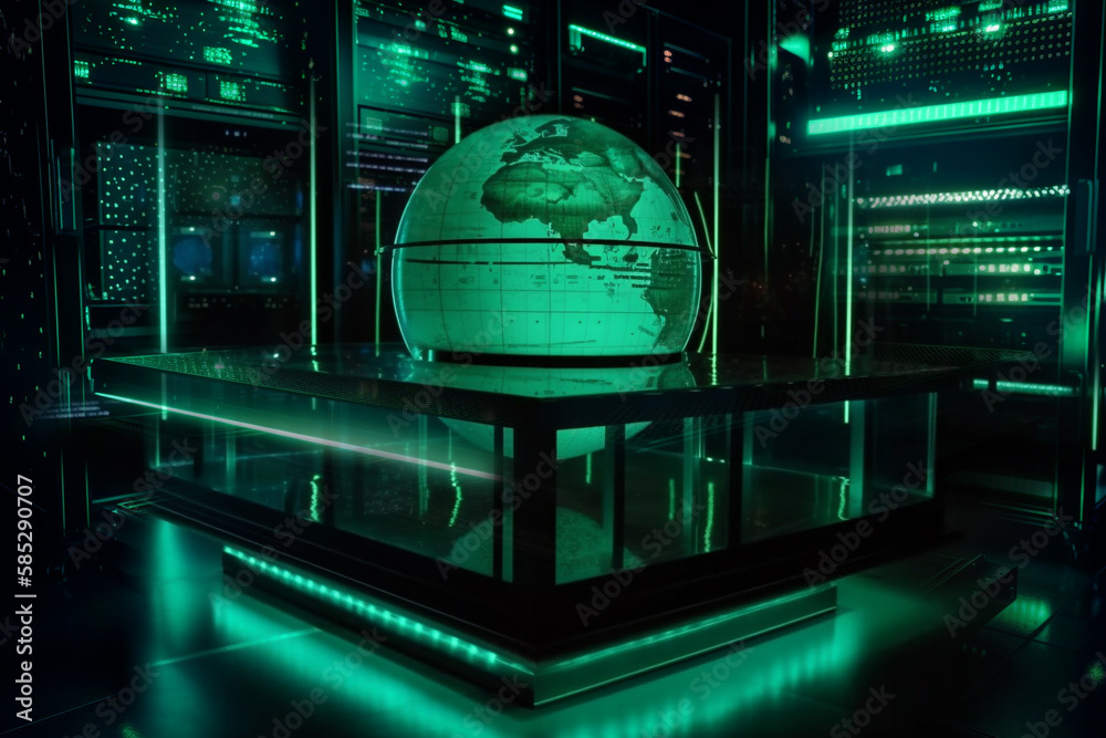 Server Racks Surround Hologram of the Earth in Data Center. Generative ...