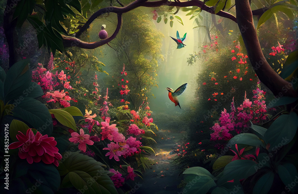 Beautiful nature scene with birds chirping around the forest trees ...