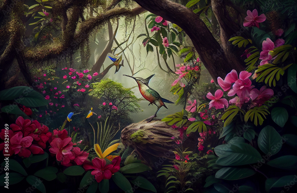 Beautiful nature scene with birds chirping around the forest trees ...