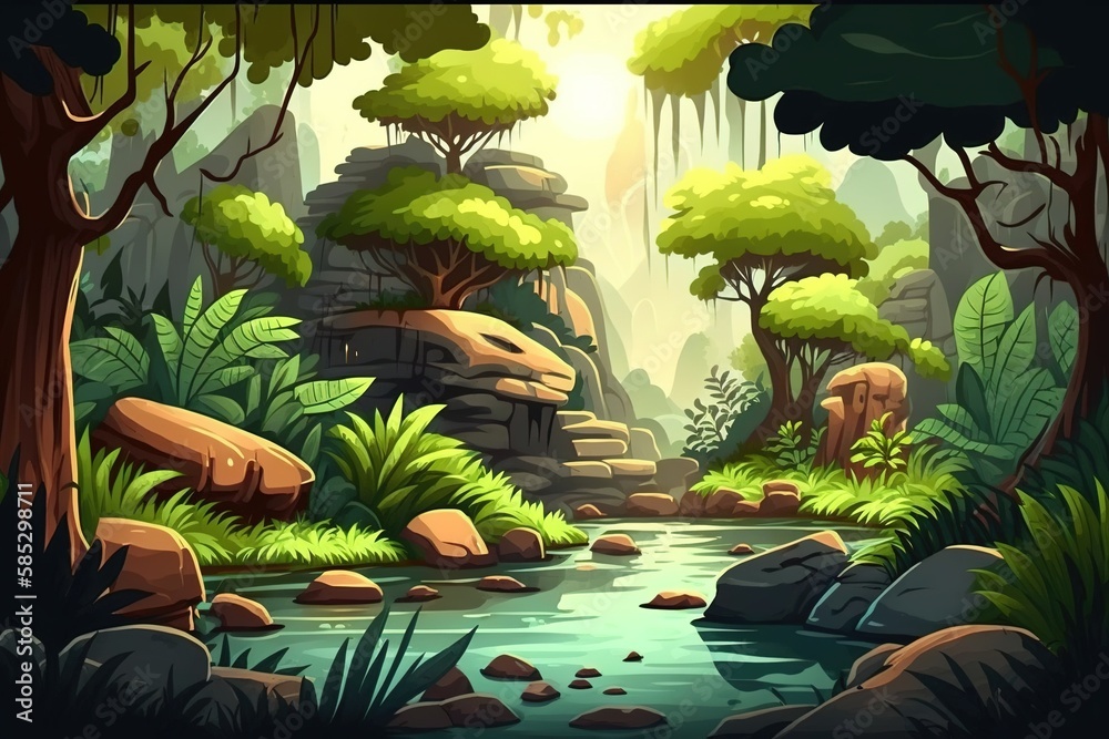 Cartoon-style jungle scene with a river and rocks Stock Illustration ...
