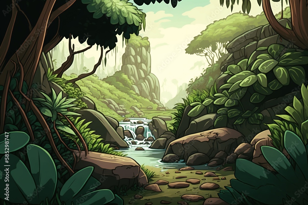 Cartoon-style jungle scene with a river and rocks Stock Illustration ...