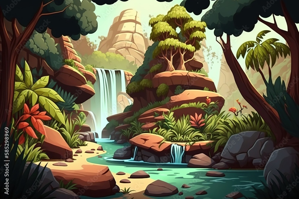 Cartoon-style jungle scene with a river and rocks Stock Illustration ...