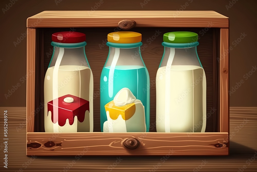 packaged in a wooden box with glass jars of fresh milk Generative AI ...