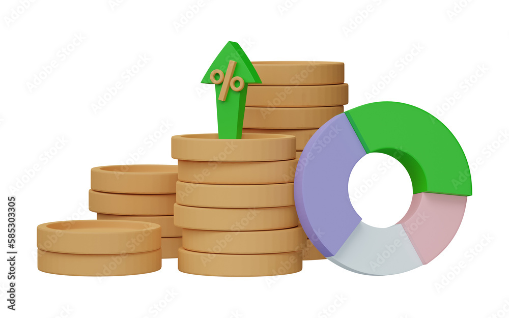 3D render. Business infographic with coinstack and statistic bars chart ...