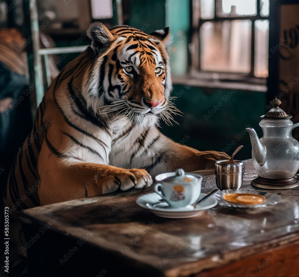 Tiger Drinking Coffee