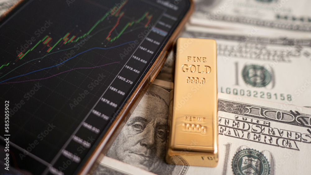 gold bars place on the phone that opens the candlestick chart. and ...