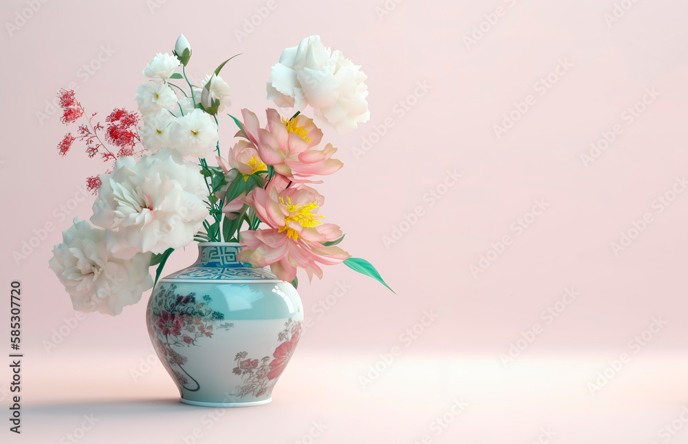 Delicate flowers in a Chinese porcelain vase on the table Stock ...