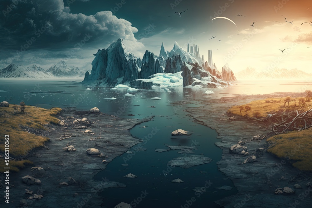 Conceptual of climate change and global warming with melting icebergs ...