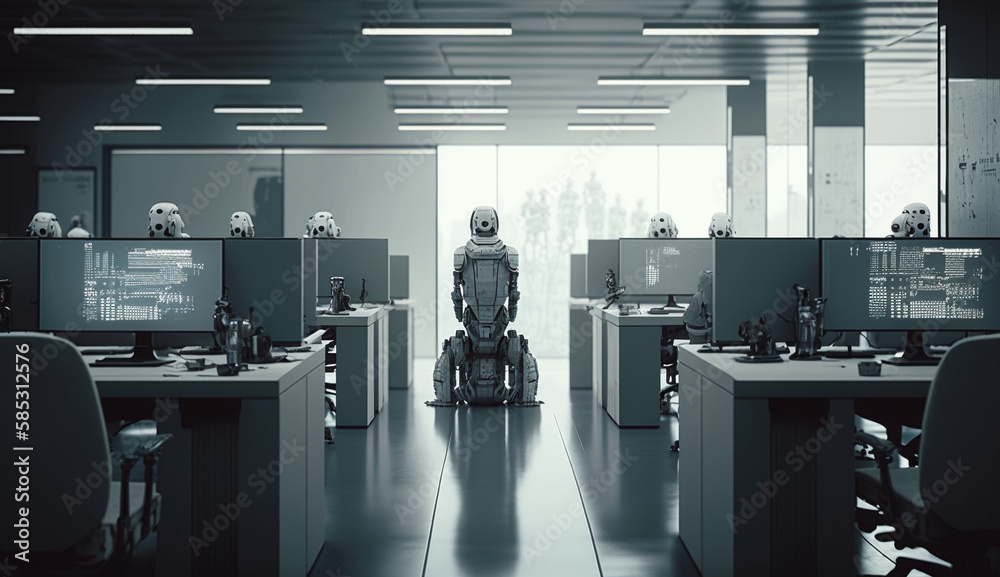 Robot artificial intelligence in office sitting at desks humans ...