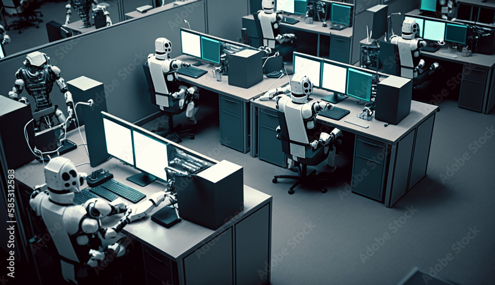 High angle shot of artificial intelligence robots in office working at ...