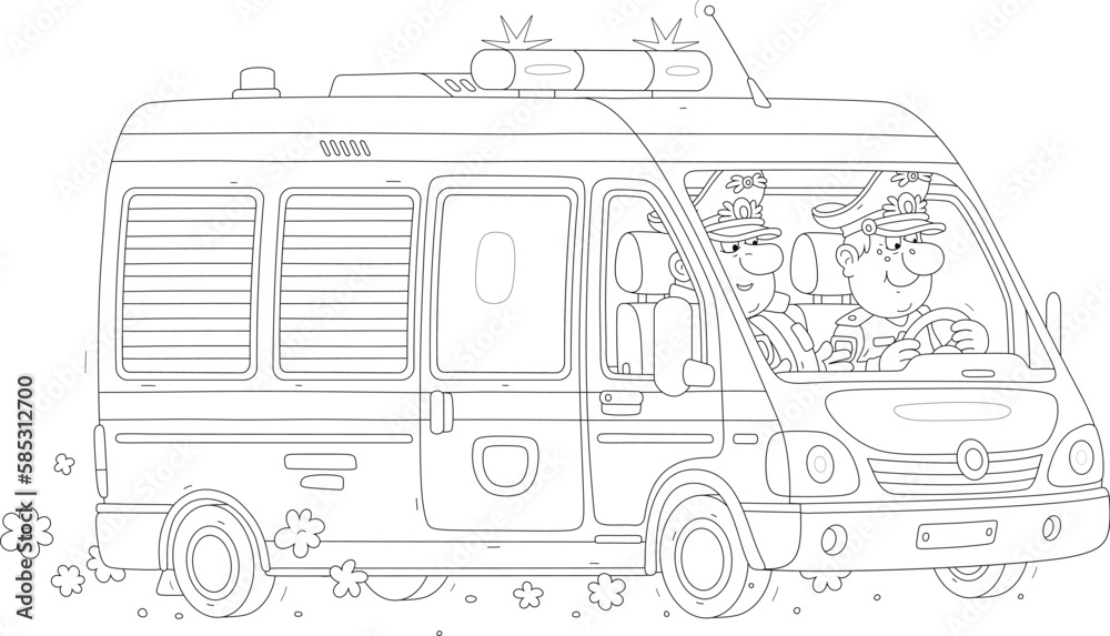 Police car with two funny on-duty officer policemen in uniform during ...