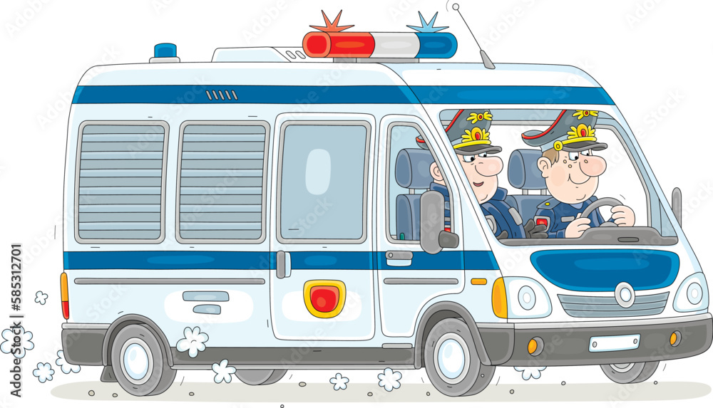 Police car with two funny on-duty officer policemen in uniform during ...