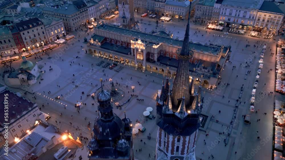 Krakow Main Market Square aerial view in the night. Illuminated ...