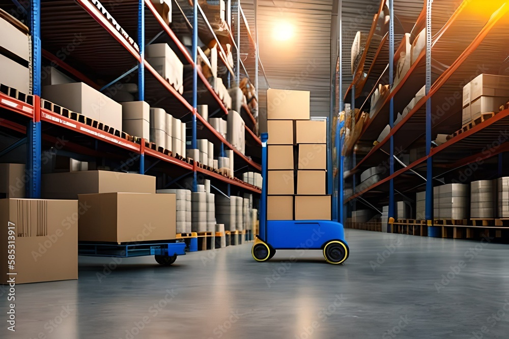3D rendering, logistic concept, cardboard boxes stacked in the storage warehouse with a cart ...