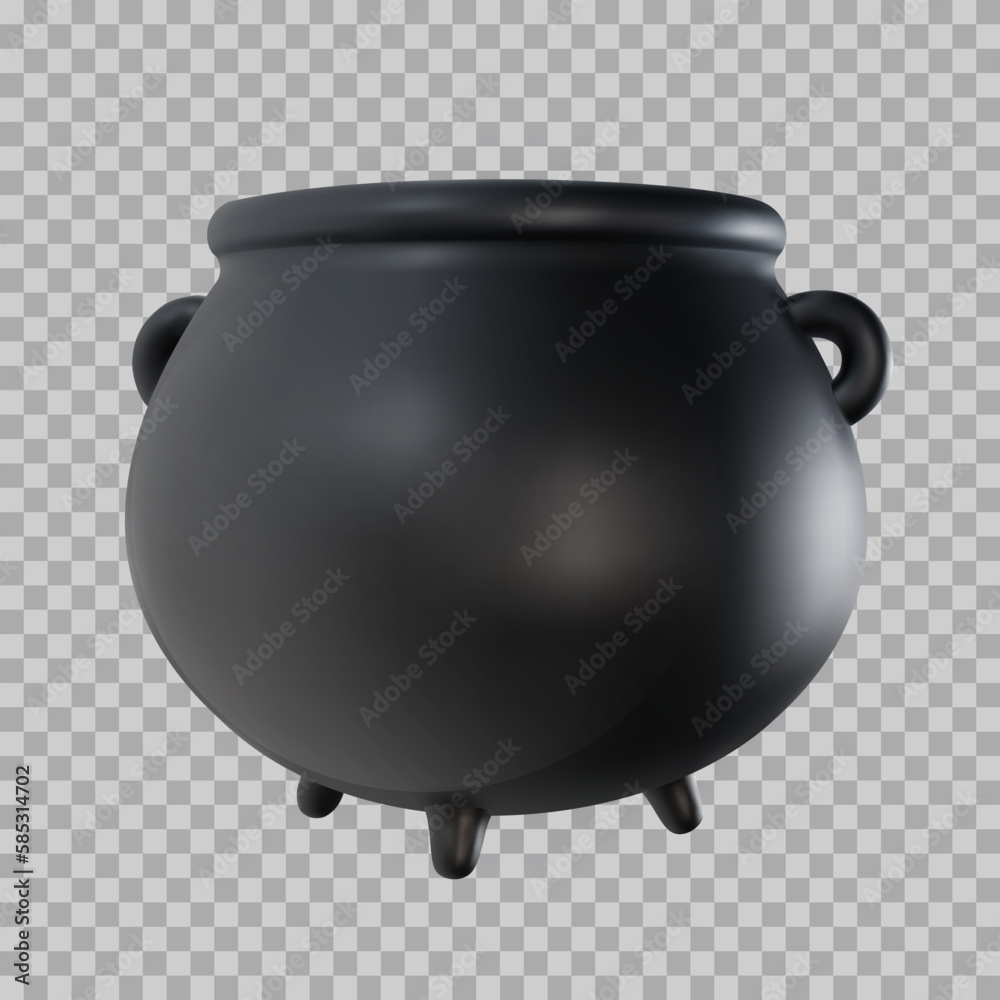 3d realistic black cauldron in cartoon minimal style. Vintage iron ...