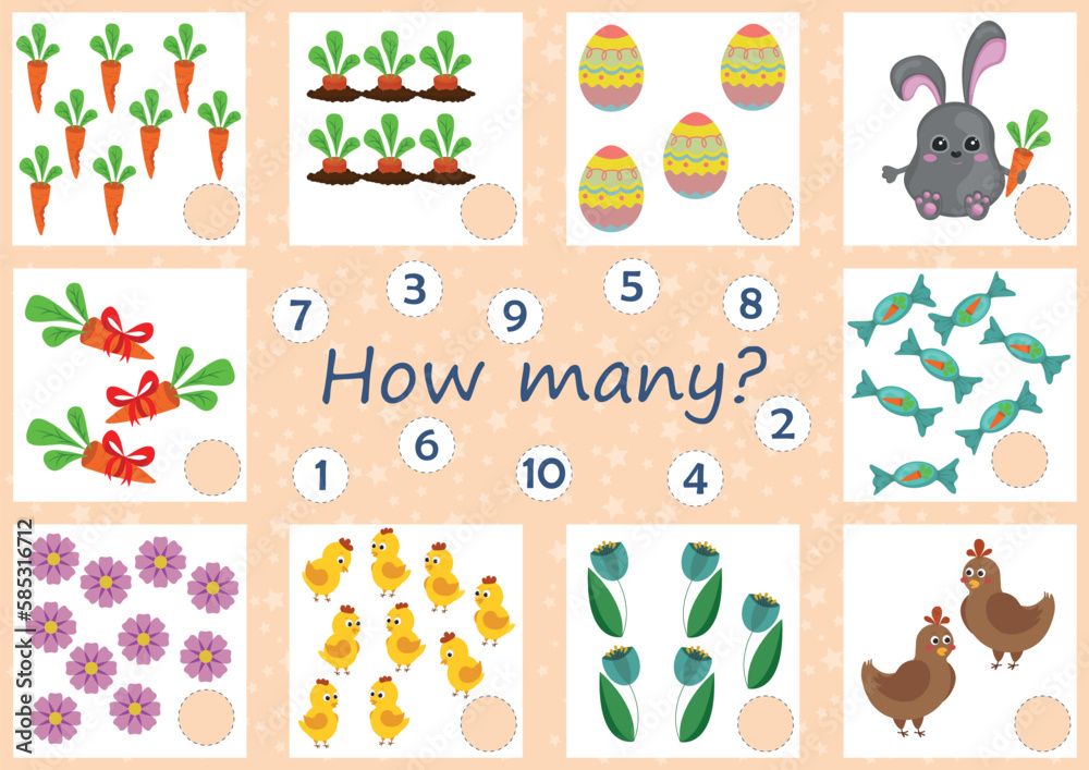 Easter games collection for kids. How many items on picture? Counting ...