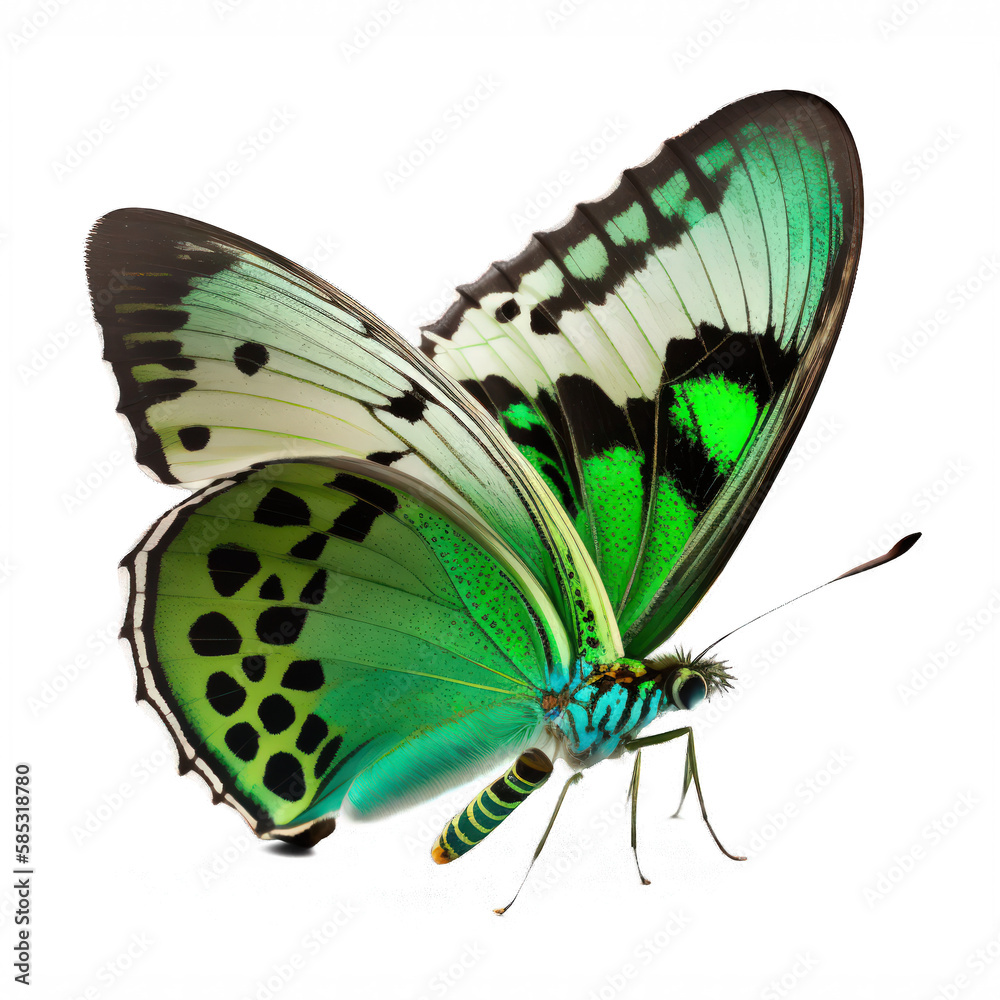 This image depicts a stunningly beautiful green butterfly with ...