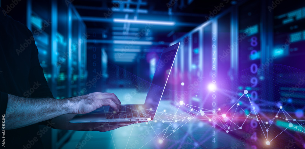 Big data technology background. Using a laptop against the background ...