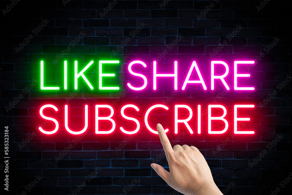 Like, share, subscribe neon banners on bricks wall backgrounds, light ...