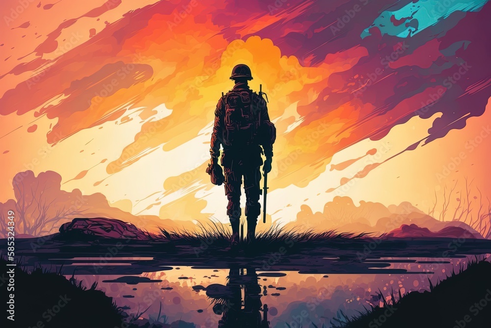 artwork depicting a fictitious scene of a lone soldier standing in a ...
