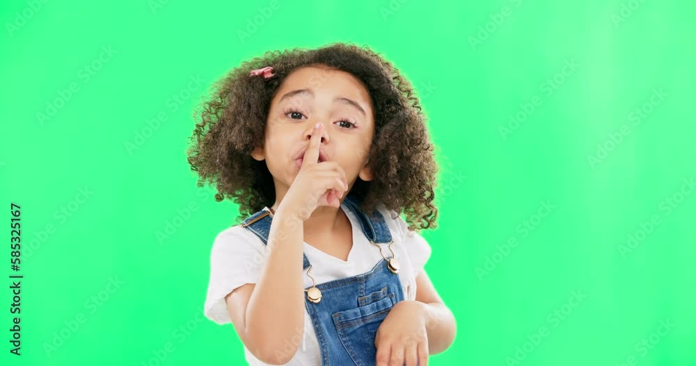 Face, green screen and child with finger on lips for quiet, silence or ...