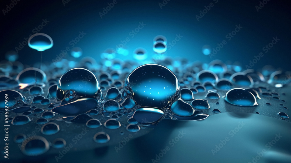Monochromatic blue water bubble in motion, 3D render on blue background ...